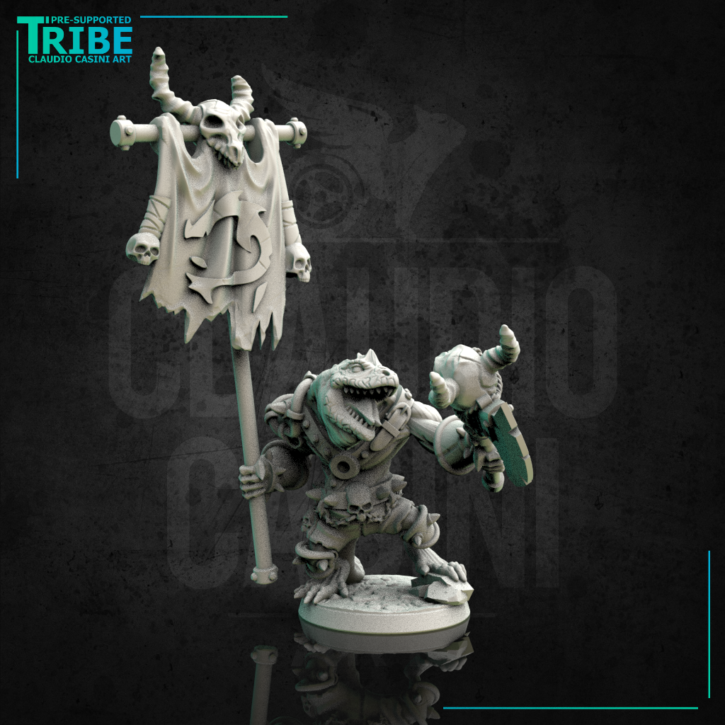 (0124) Troglodyte lizard banner-bearer with axe - Claudio Casini Art ...